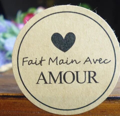 Крафт наклейки "Fait Main Avec Amour", 38 мм, 120 шт