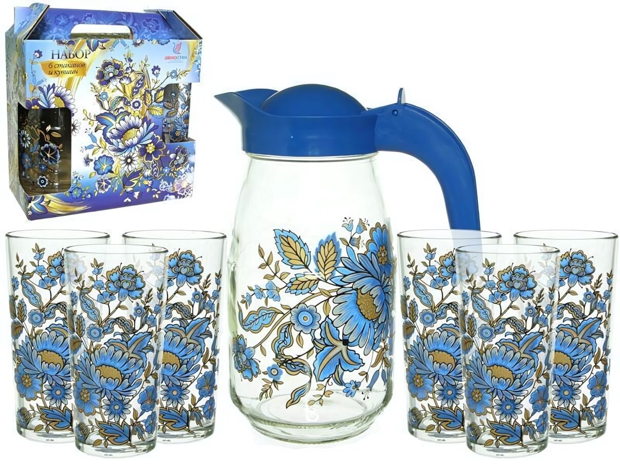 Набор для воды 7 предметов "Милори", стекло, кувшин с крышкой и 6 стаканов, цветочный декор