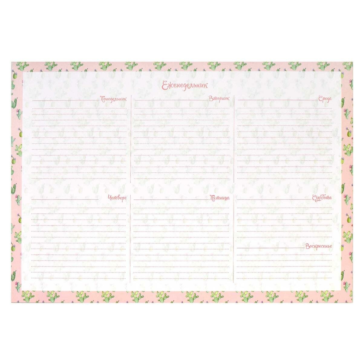 Ежедневник недельный "Цветущие кактусы", 297х210 мм, 55 листов, клеевое скрепление, твёрдая подложка
