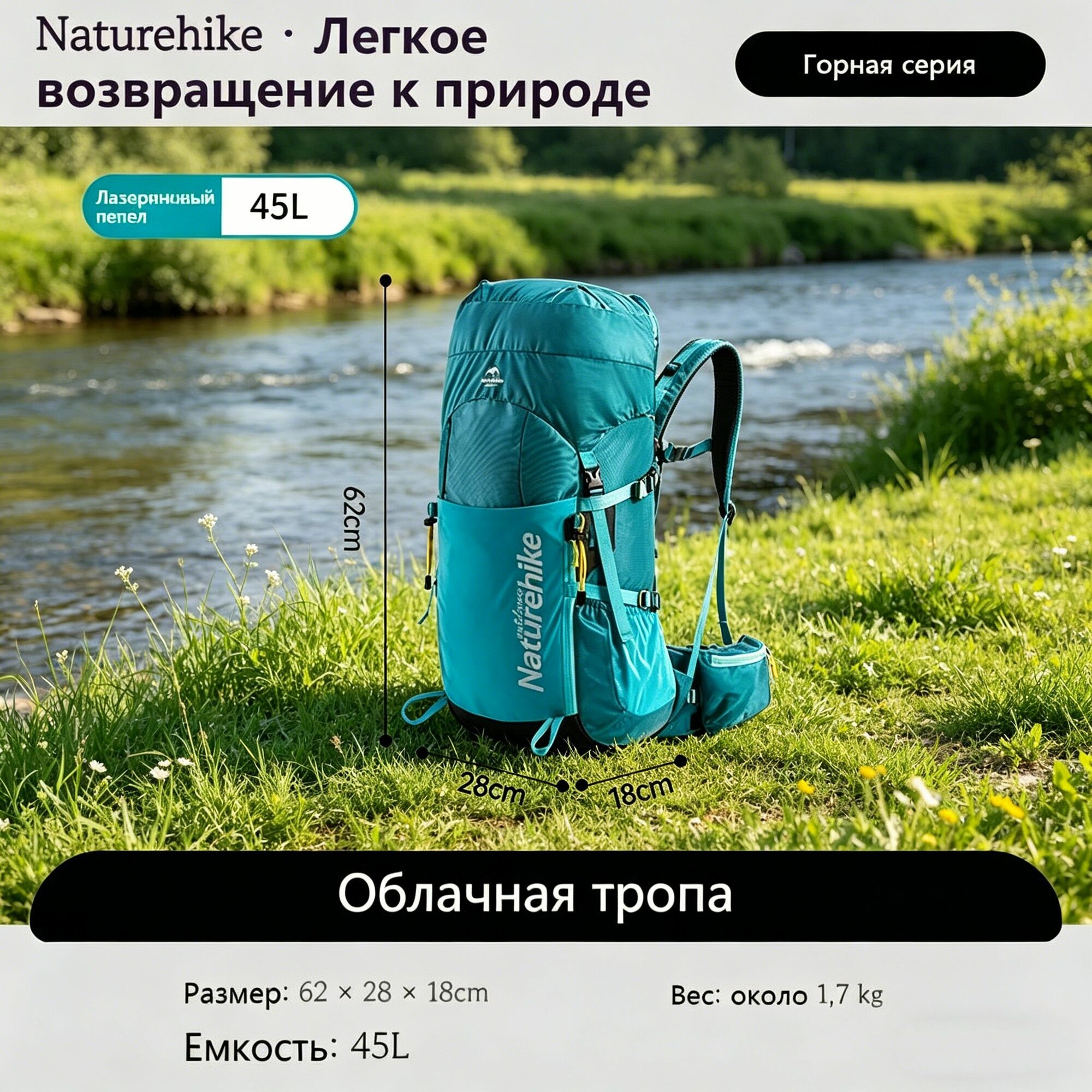 Рюкзак Naturehike NH18Y045-Q, 45 л, водоотталкивающий, с органайзером, синий