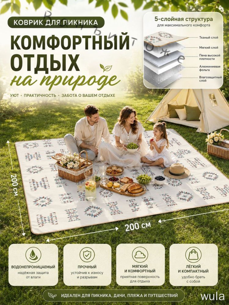 Коврик пикниковый wula с алюминиевым слоем, водостойкий, 200х200 см для кемпинга, дачи, пляжа плед