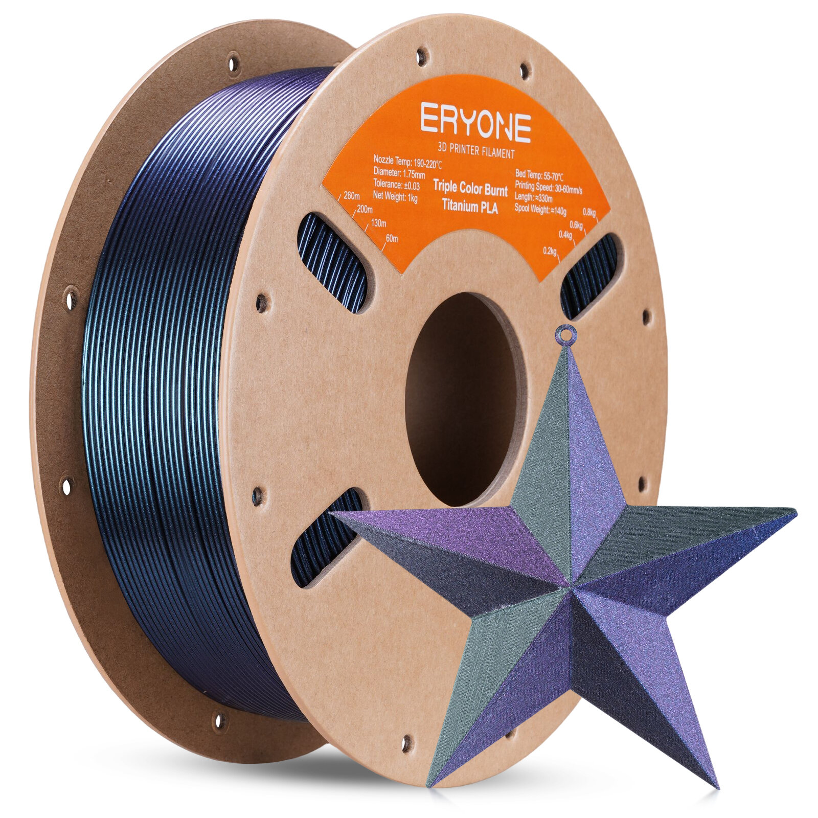 Новинка! PLA пластик для 3D принтера Eryone Burnt Titanium Triple Color Титановый Синий - зеленый - красно-фиолетовый, 1,75мм 1 кг