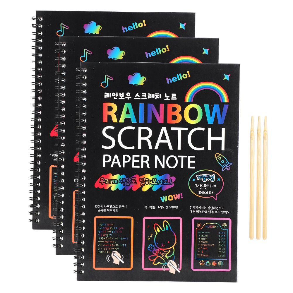 3Pcs Scratch Paper Note Multicolor Rainbow Art Paper Card Children Students Drawing Books