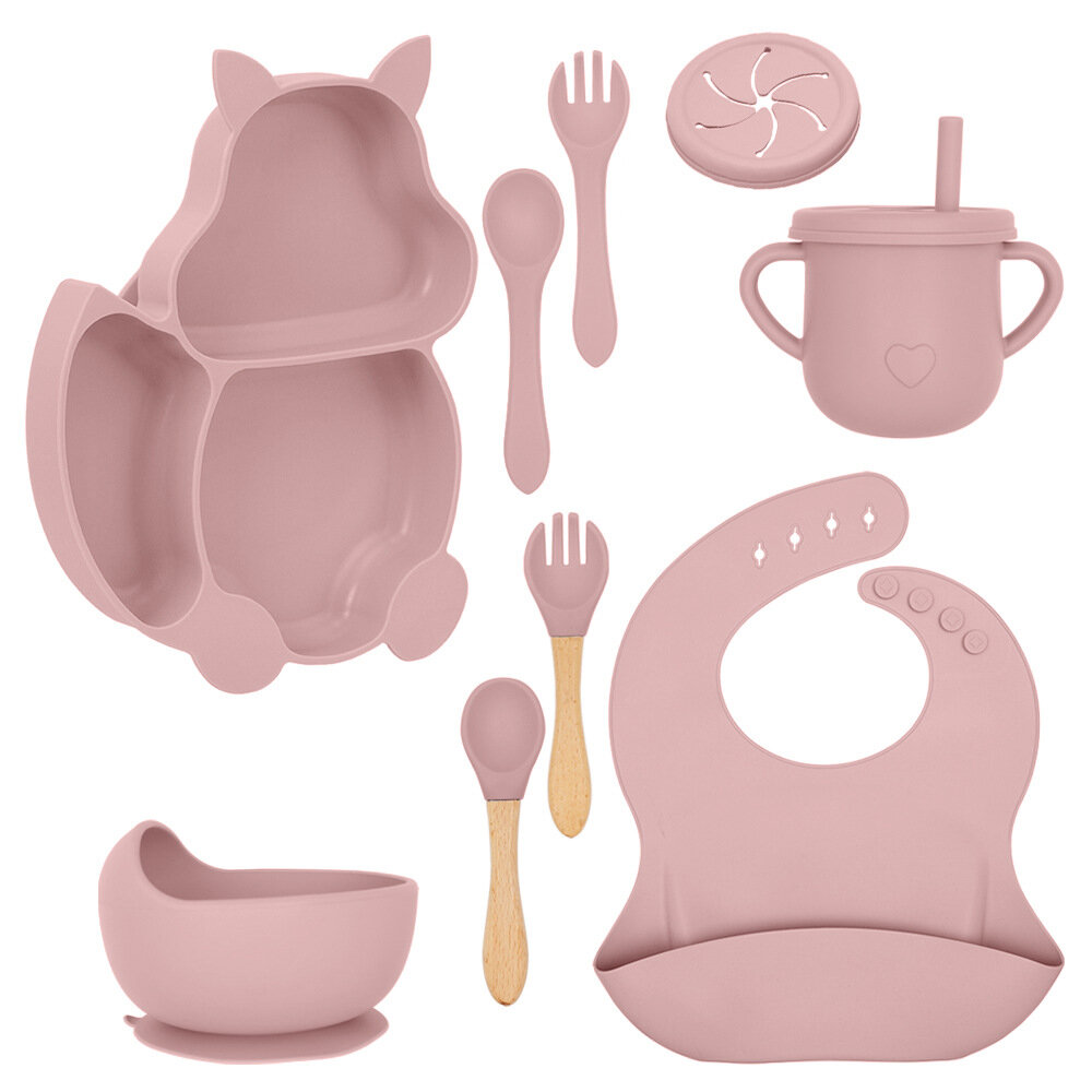 Силиконовый набор детской посуды для кормления на присосках, 9 предметов, розовая белочка, для одного мальчика