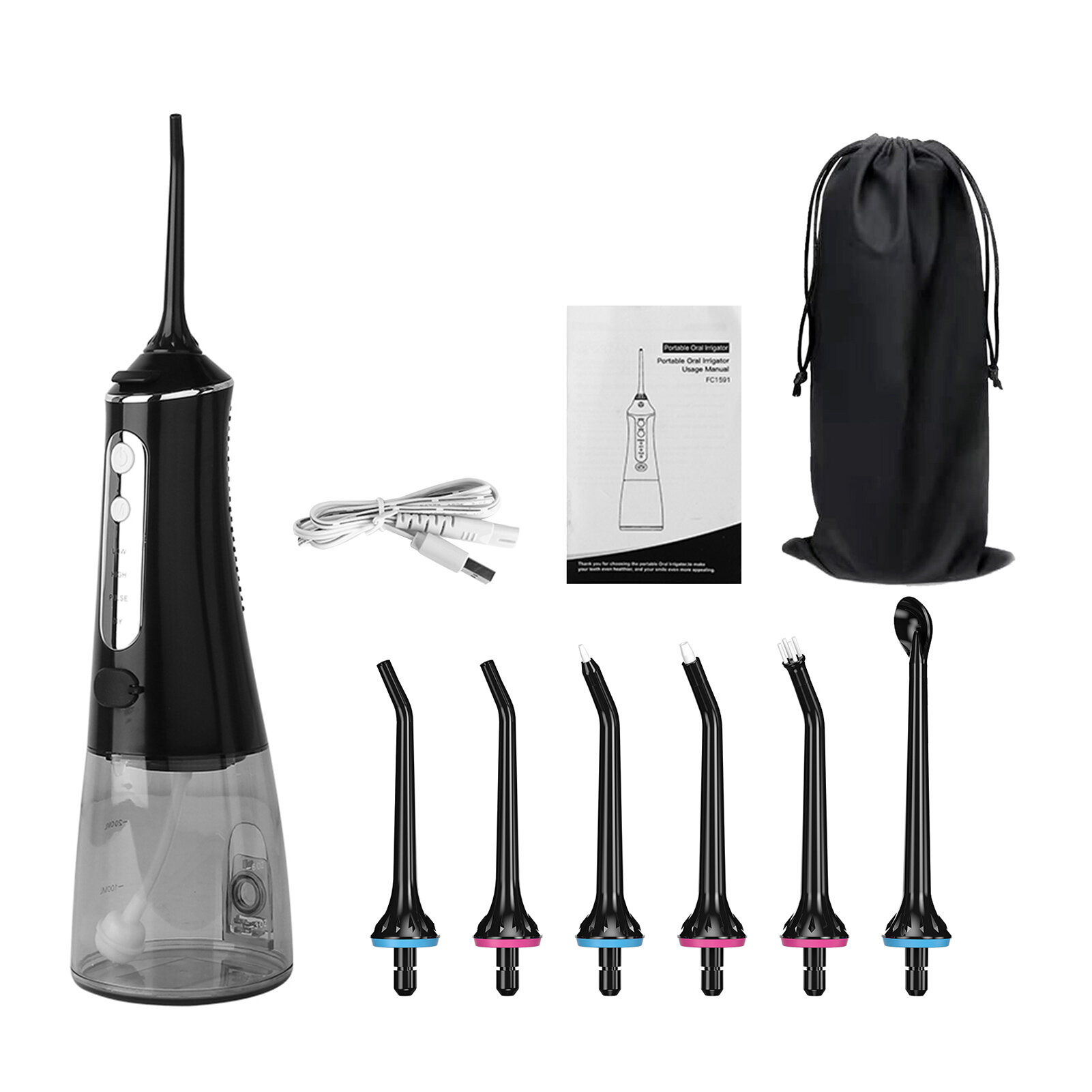 Беспроводной ирригатор для полости рта с режимом «сделай сам», 300 мл, водонепроницаемый IPX7, портативный, заряжаемый через USB, для чистки зубов, подходит для путешествий, дома и офиса, 6 насадок, сумка для хранения.