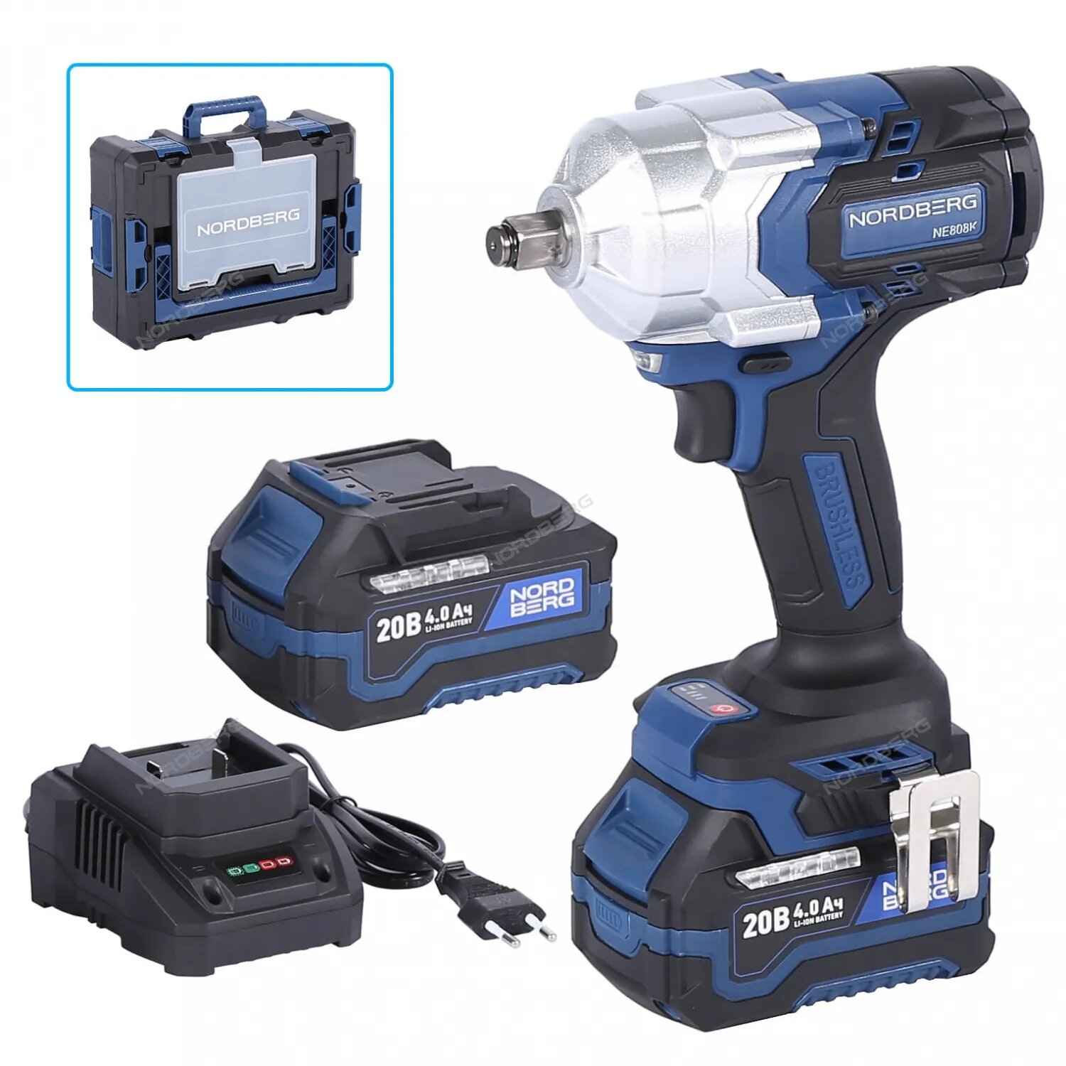 NE808K Гайковерт аккумуляторный, 1/2", 21В, 1200 Нм с двумя 4A акк. и зар. уст-вом 1,8A, в кейсе NORDBERG NE808K