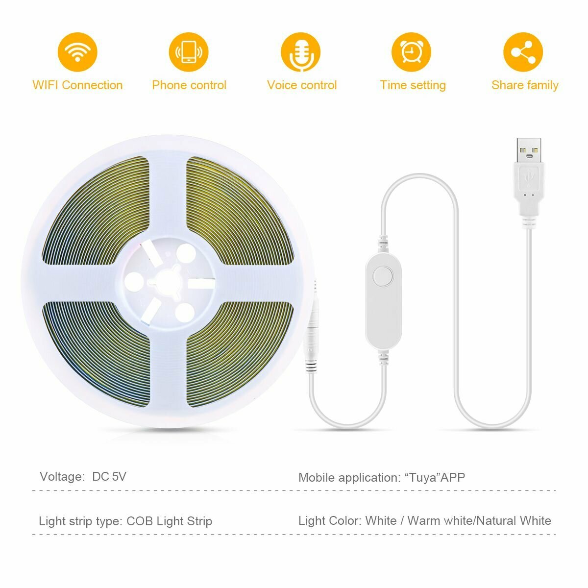Умная LED лента COB 5V WiFi (Tuya) водонепроницаемая подсветка для стен, шкафов и спальни (320 светодиодов/м, силиконовая трубка, IP65)