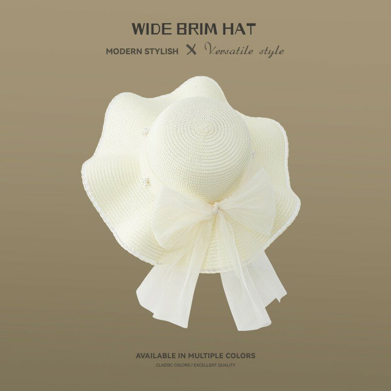 Шляпа, женская, молочно-белая, с кружевным бантом