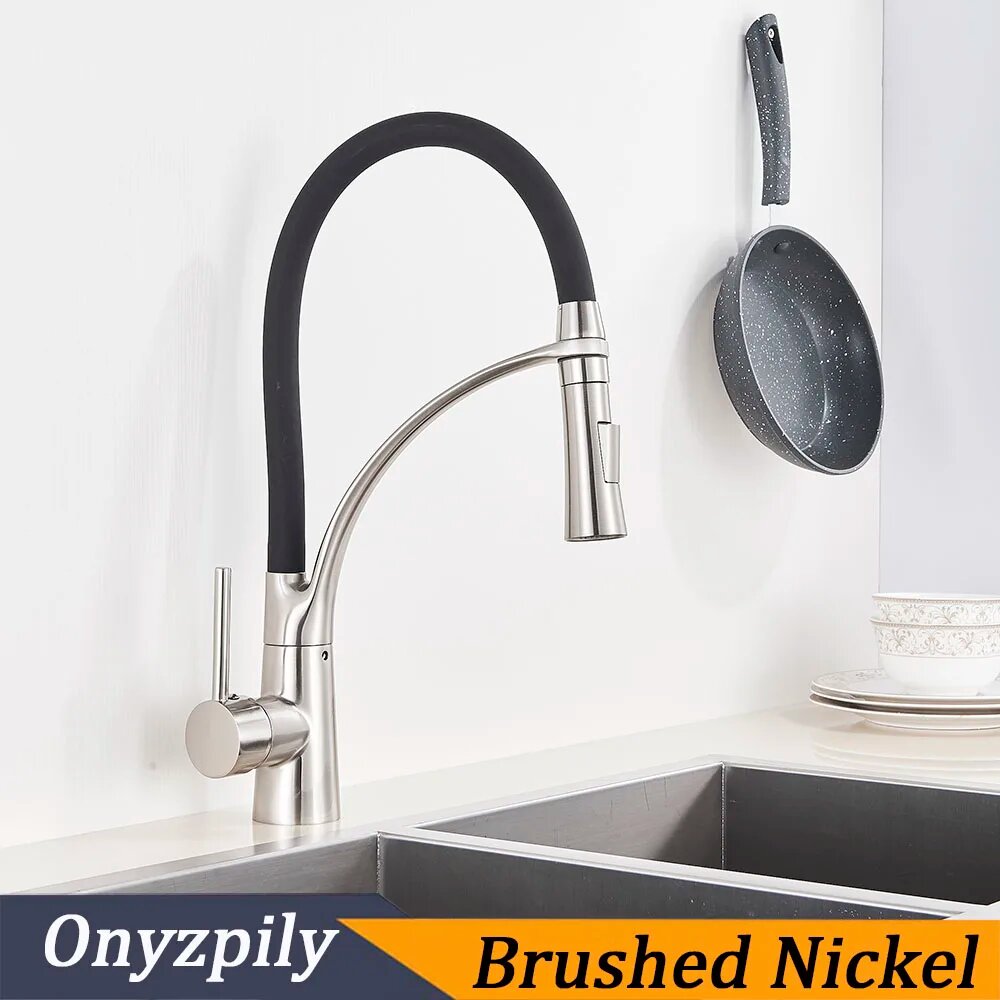 Кухонный Смеситель Onyzpily, черный кран для холодной и горячей воды, крепление на поверхность, матовый никель и черный кран для кухни, Brushed Nickle