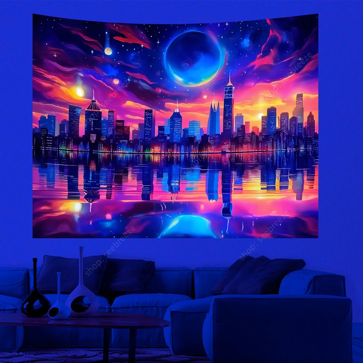 Неоновый гобелен 130x150см, "Город под звездным небом", WF1010