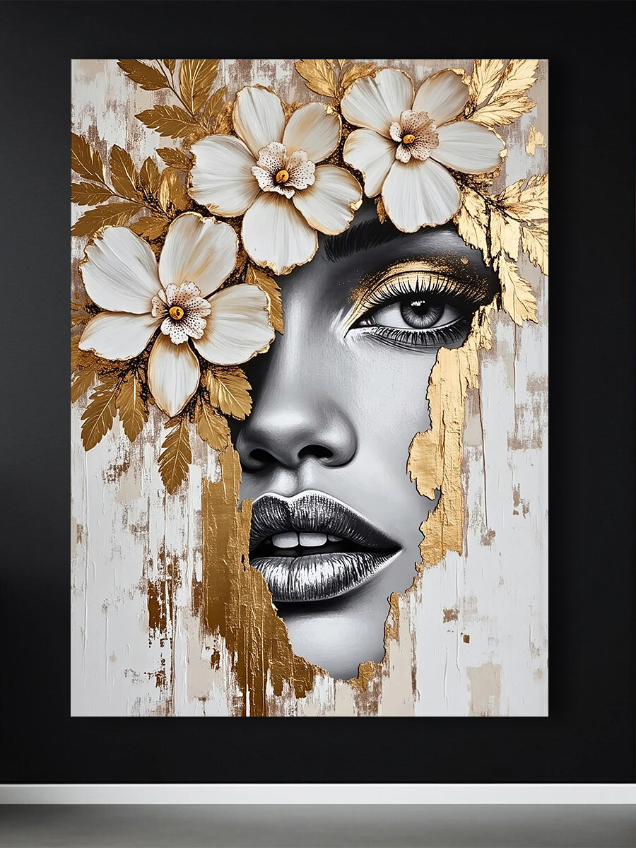 Картина интерьерная на стену - "Девушка негритянка с золотом, лицо женщины" , 60х80 см.