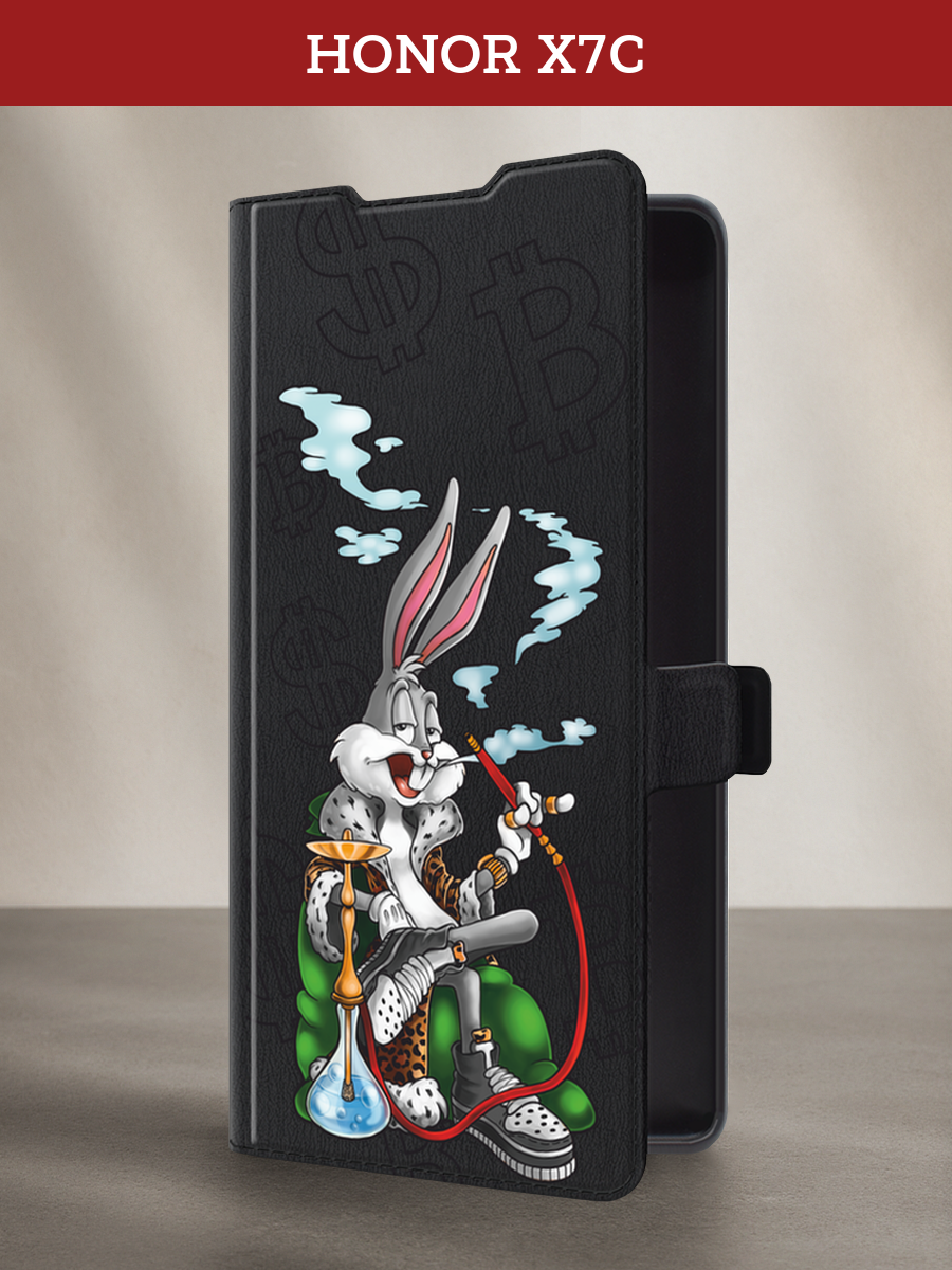 Чехол-книжка на Honor X7C / Хонор X7C с принтом Багз Банни с кальяном, черный