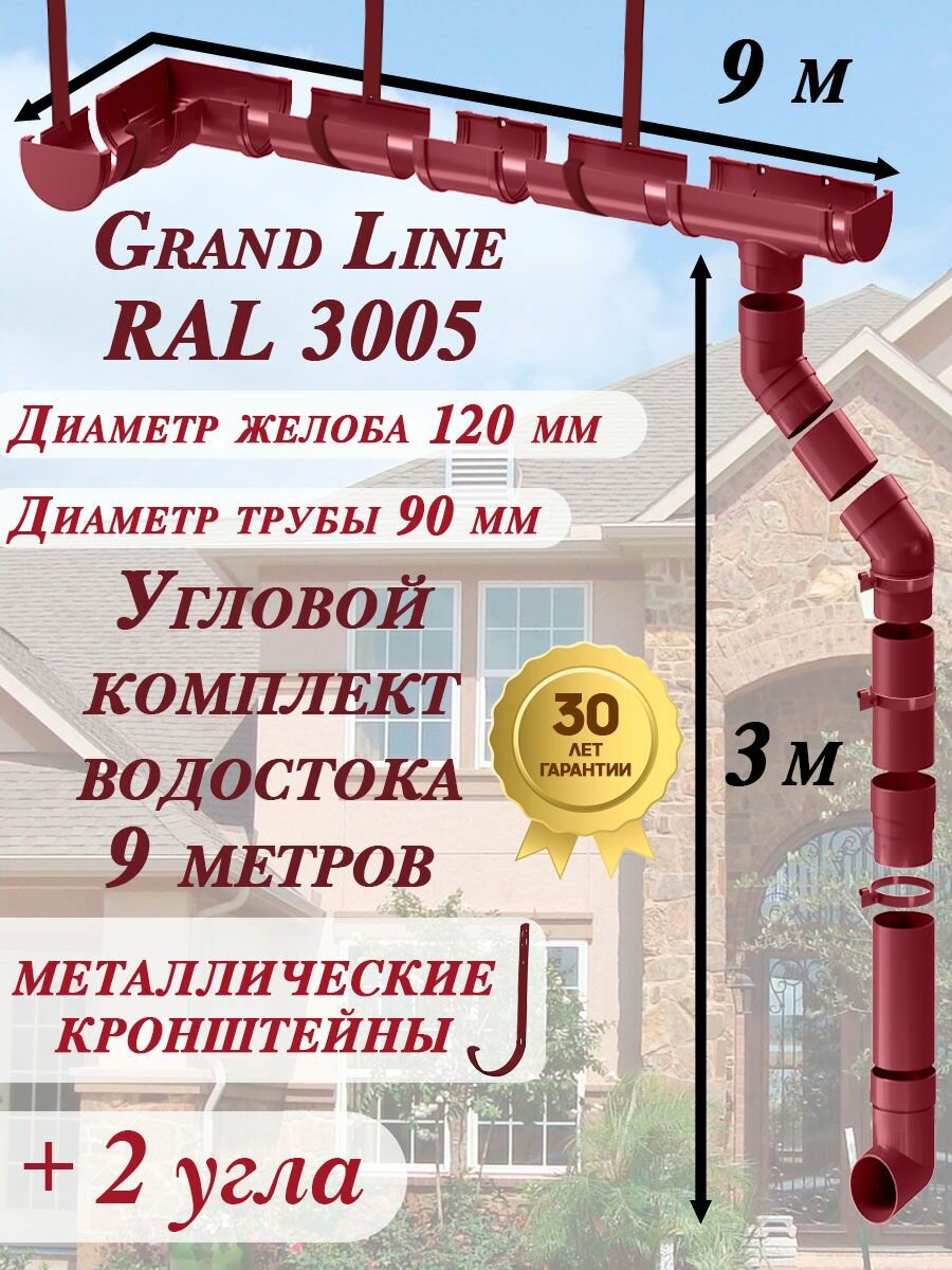 Угловой/прямой комплект водосточной системы 9 м с металлическими кронштейнами Grand Line (120/90 мм) коричневый для вальмовой кровли с 2 (внешним/внутренним) углами, водосток Гранд Лайн RAL 8017
