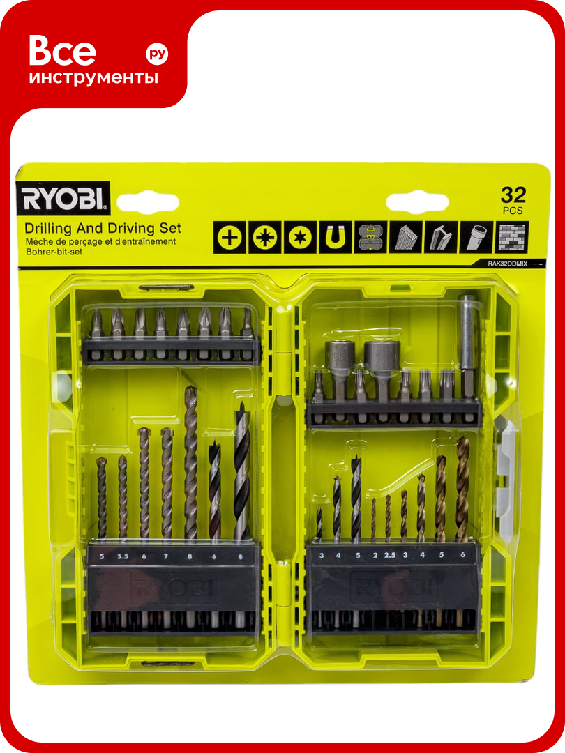 Набор бит и сверл RAK32DDMIX 32 шт Ryobi 5132004425, металл, для дрелей-шуруповертов