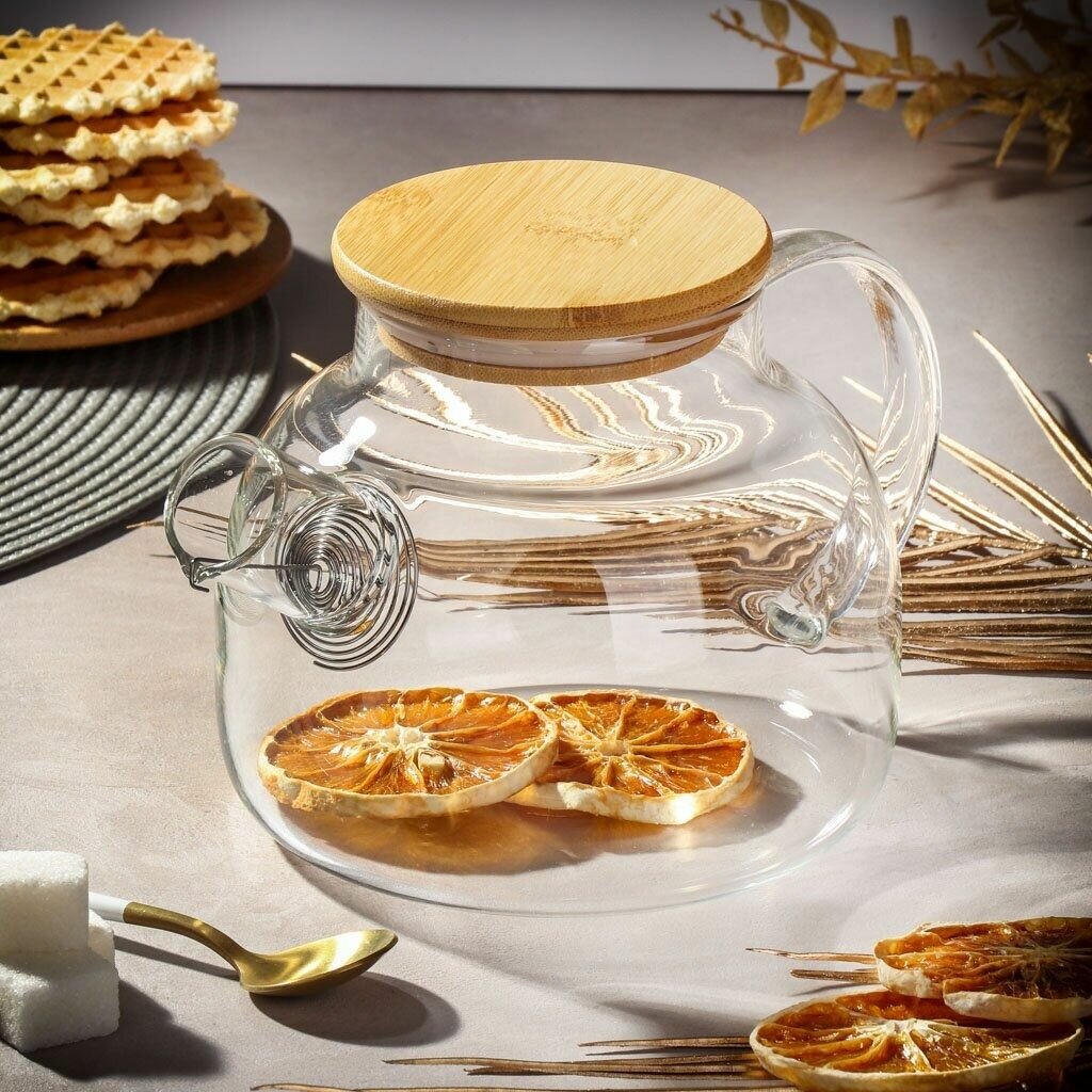 Чайник заварочный Daniks, SXH08 (455111) стекло, 1 л, с ситечком, с бамбуковой крышкой