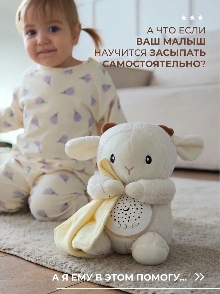 Музыкальная игрушка ночник с белым шумом / Мягкая игрушка светильник с проектором, Барашек