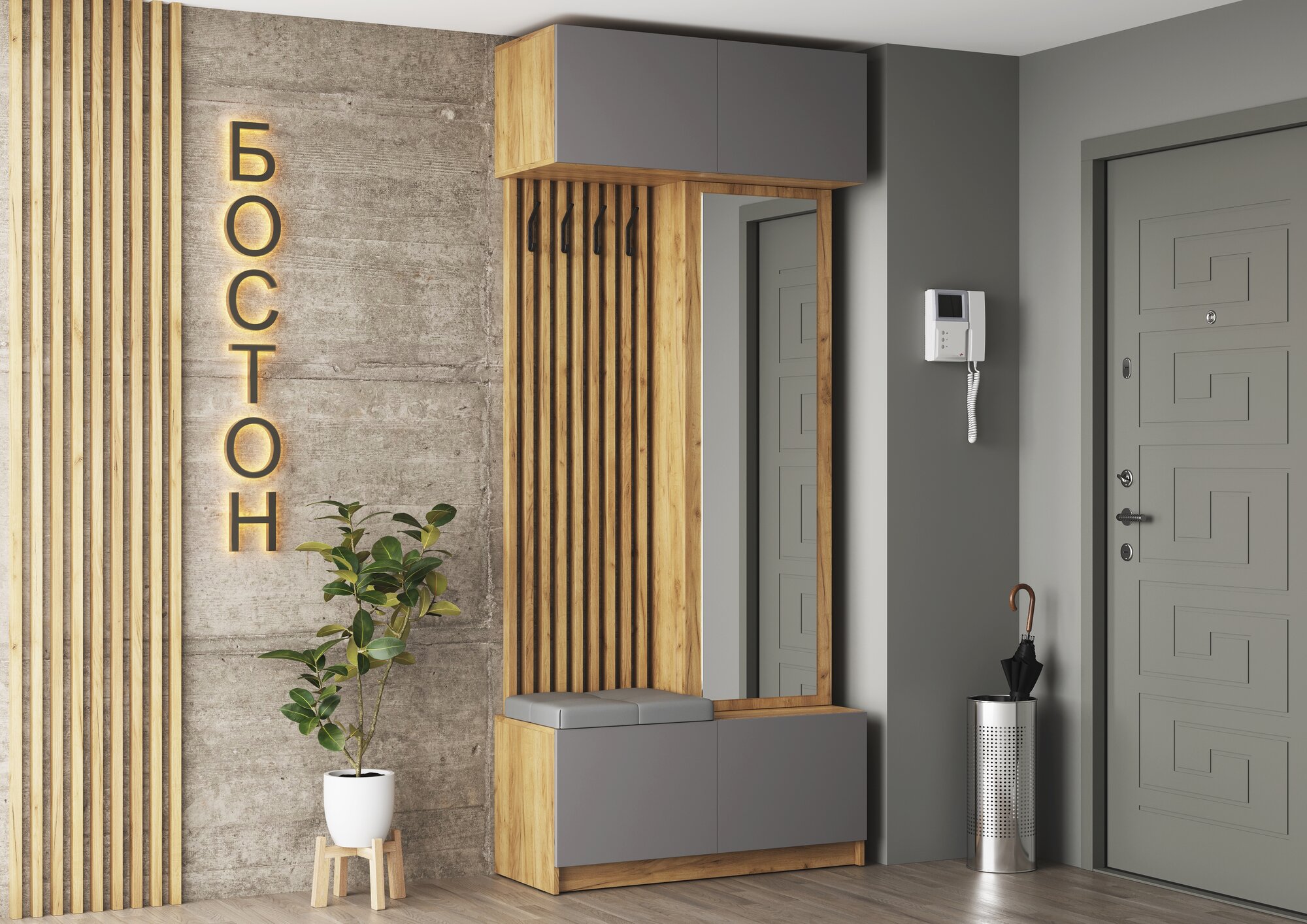 Прихожая с зеркалом комплект мебели Дуб Крафт Золотой/Серый Шифер, Бостон, 200х51х236 см Стиль