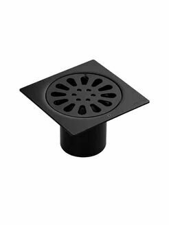 Трап 100 х 100 мм, выход 50 мм вертикальный, перфорированная крышка, из нержавеющей стали, с гидрозатвором, цвет черный.