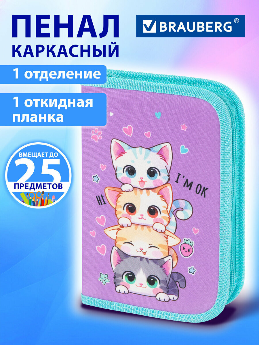 Пенал школьный для девочек для карандашей и ручек с 1 отделением, откидной планкой, канцелярия для школы, полиэстер, 21х14 см, Brauberg, 273523