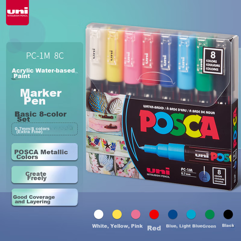 Uni Mitsubishi POSCA Acrylic Marker Set 8 Colors (Ultra Fine) Colored Markers Advertising Pens Graffiti Pens PC-1M