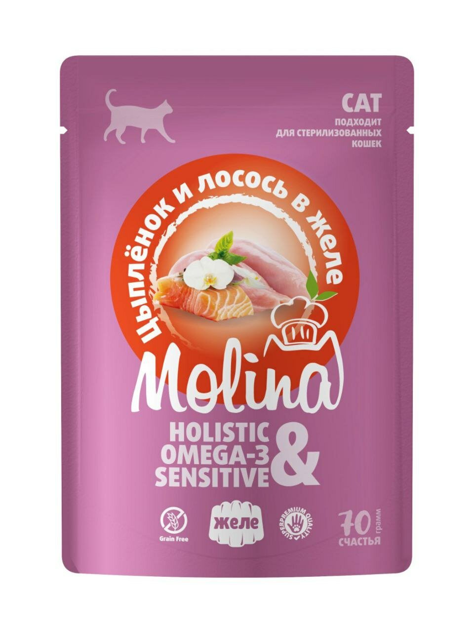 MOLINA Пауч для взрослых кошек Цыпленок и лосось в желе, 70 г х 12 шт