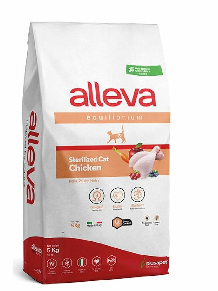 ALLEVA EQUILIBRIUM сухой корм для взрослых кошек стерилизованных, кастрированных котов с курицей 5 кг