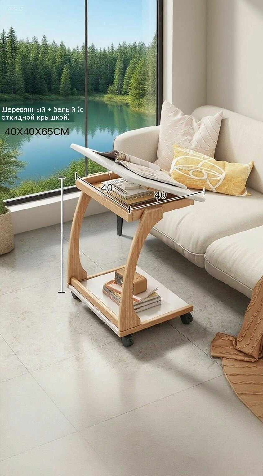 Мобильный чайный столик-трансформер 80см! 3 угла наклона + С-форма. Для дивана/кровати. Регулируемая полка, тормозные колёса. Массив ГОСТ!
