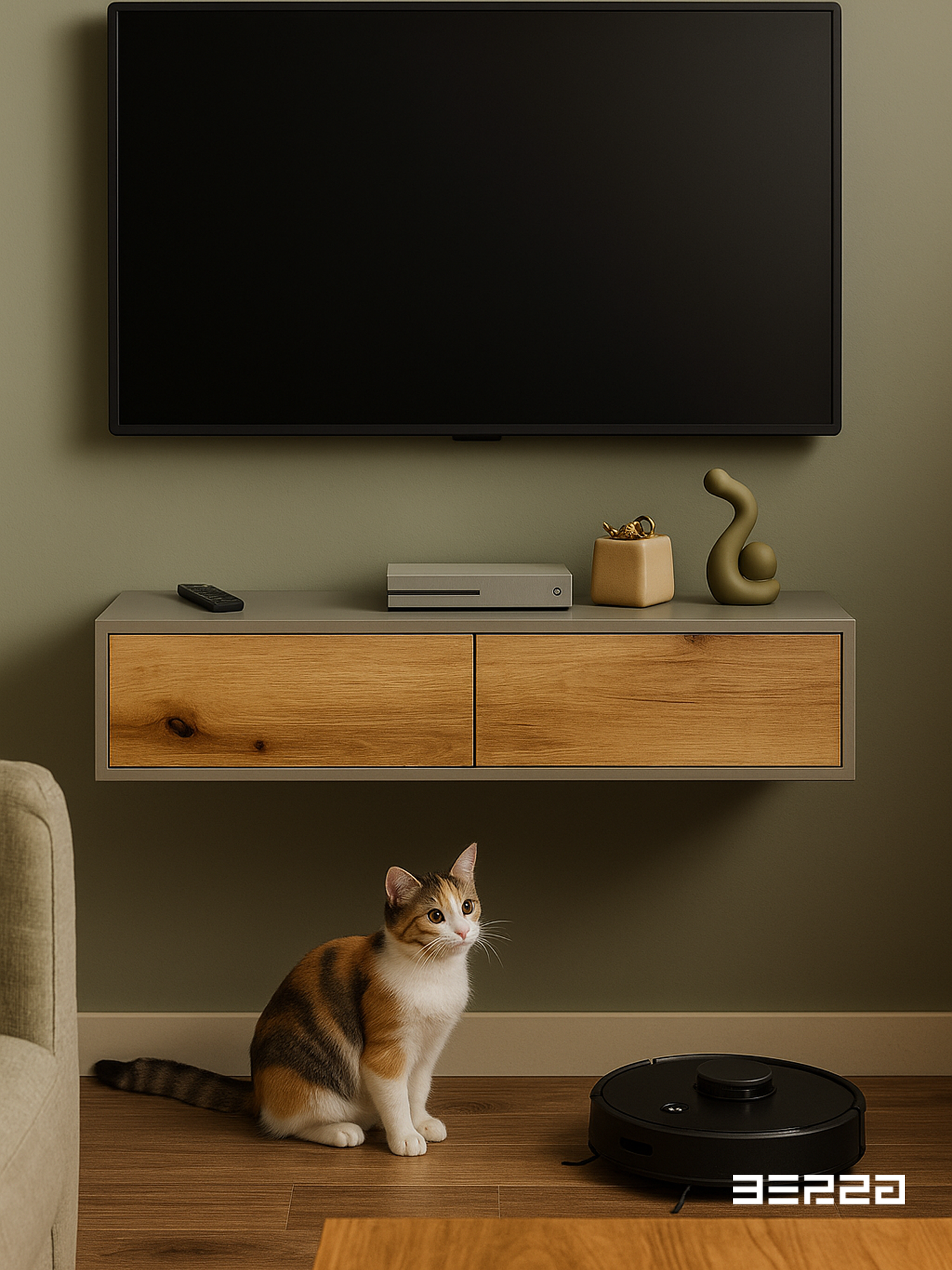 Подвесная тумба BERZA GreyOak, шариковые направляющие, 100x20x34,5 см, 2 ящика