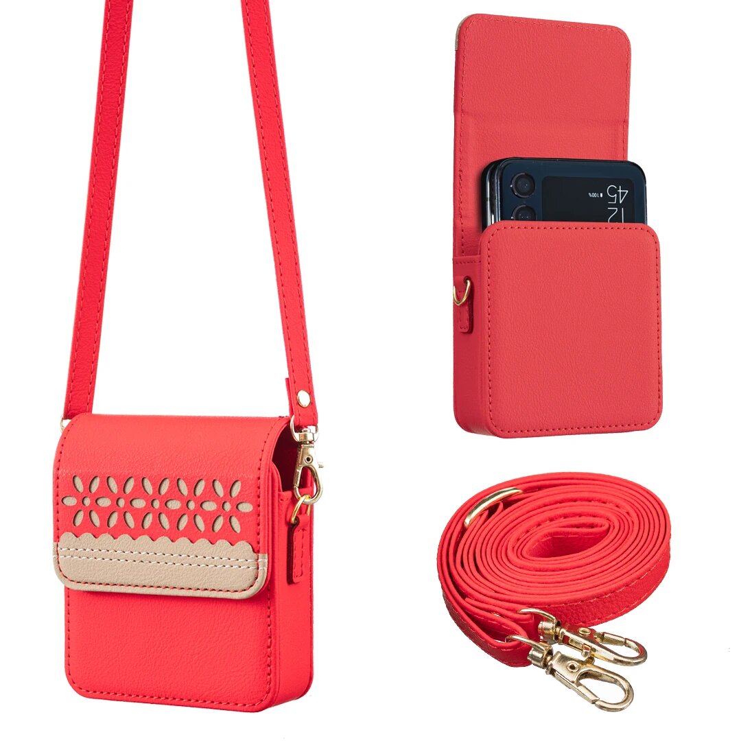 Для Samsung Galaxy Z Flip 7, 6, 5, 4, 3, 3 5G, модный ремешок через плечо, роскошная кожаная мини-сумка для телефона, противоударный чехол, аксессуары Галактика Z Flip5, Red