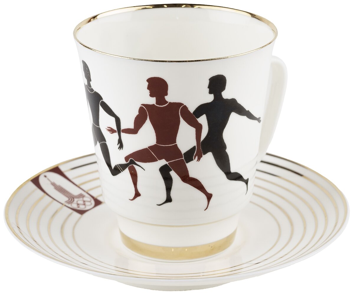 Чайная пара "Олимпиада 80. Эстафета". Фарфор, винтаж, ЛФЗ, СССР, вторая половина 20 века