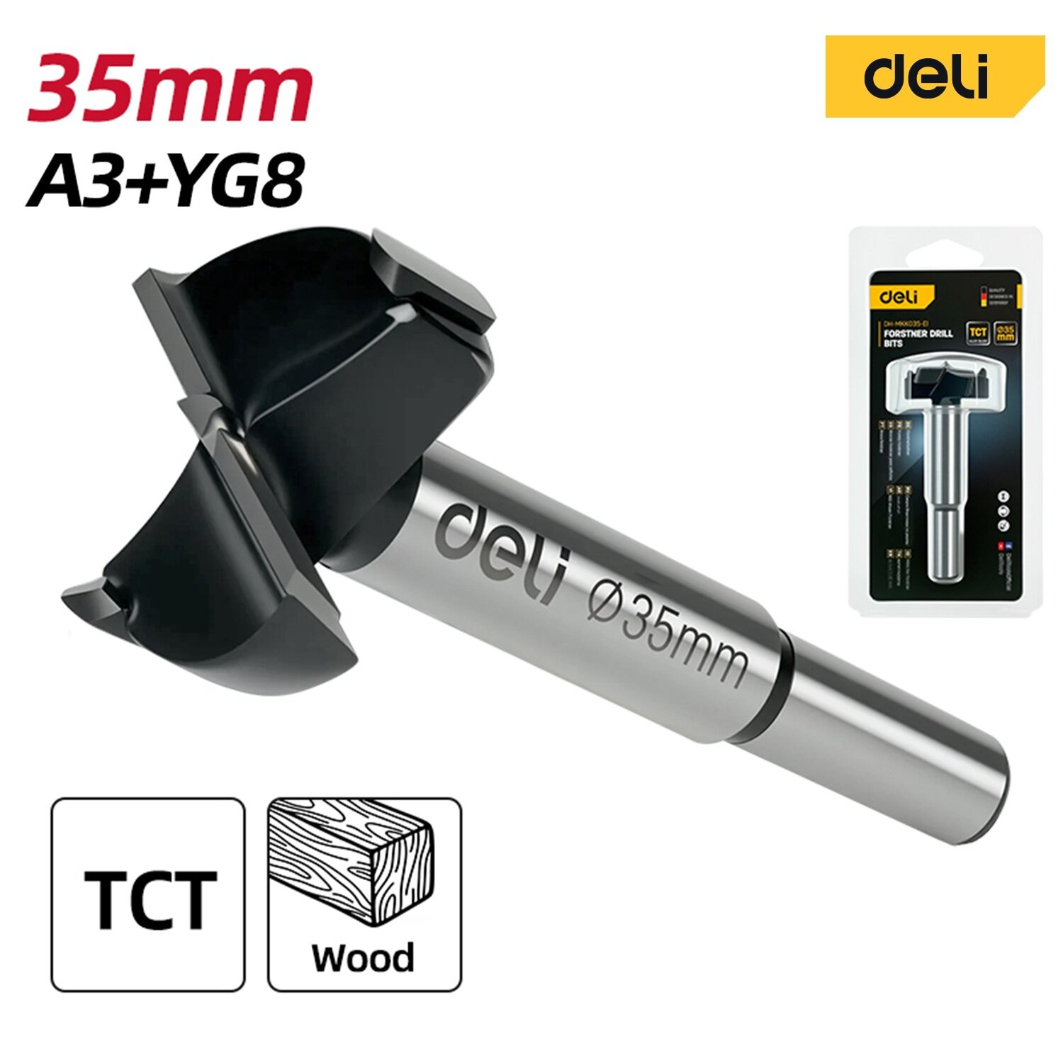 Сверло Форстнера Deli DH-MKK035-E1, для дерева, сталь, диаметр 35 мм