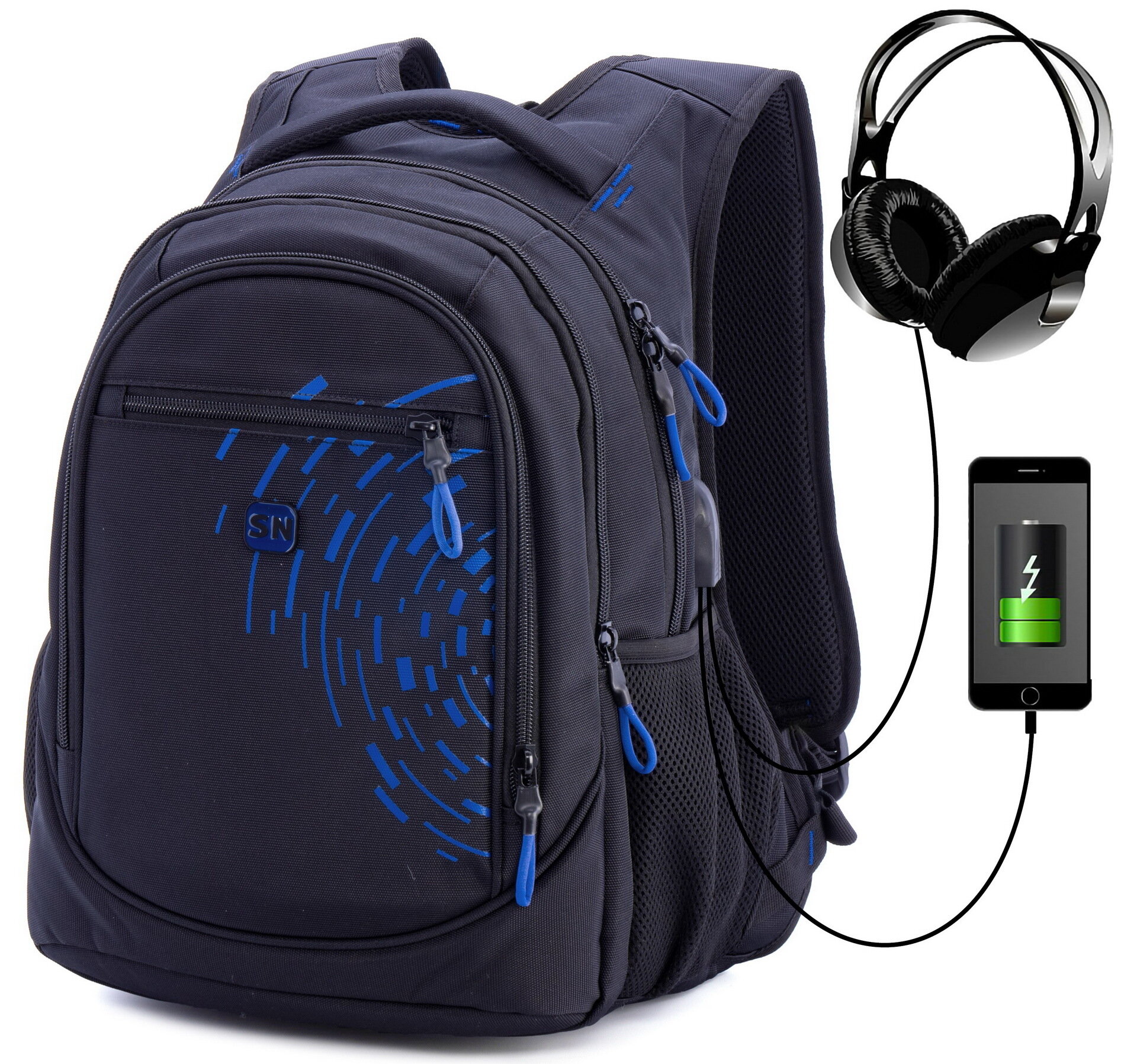 Рюкзак школьный для мальчика подростка 22 л А4 для ноутбука, мужской с анатомической спинкой +USB, SkyName (СкайНейм)