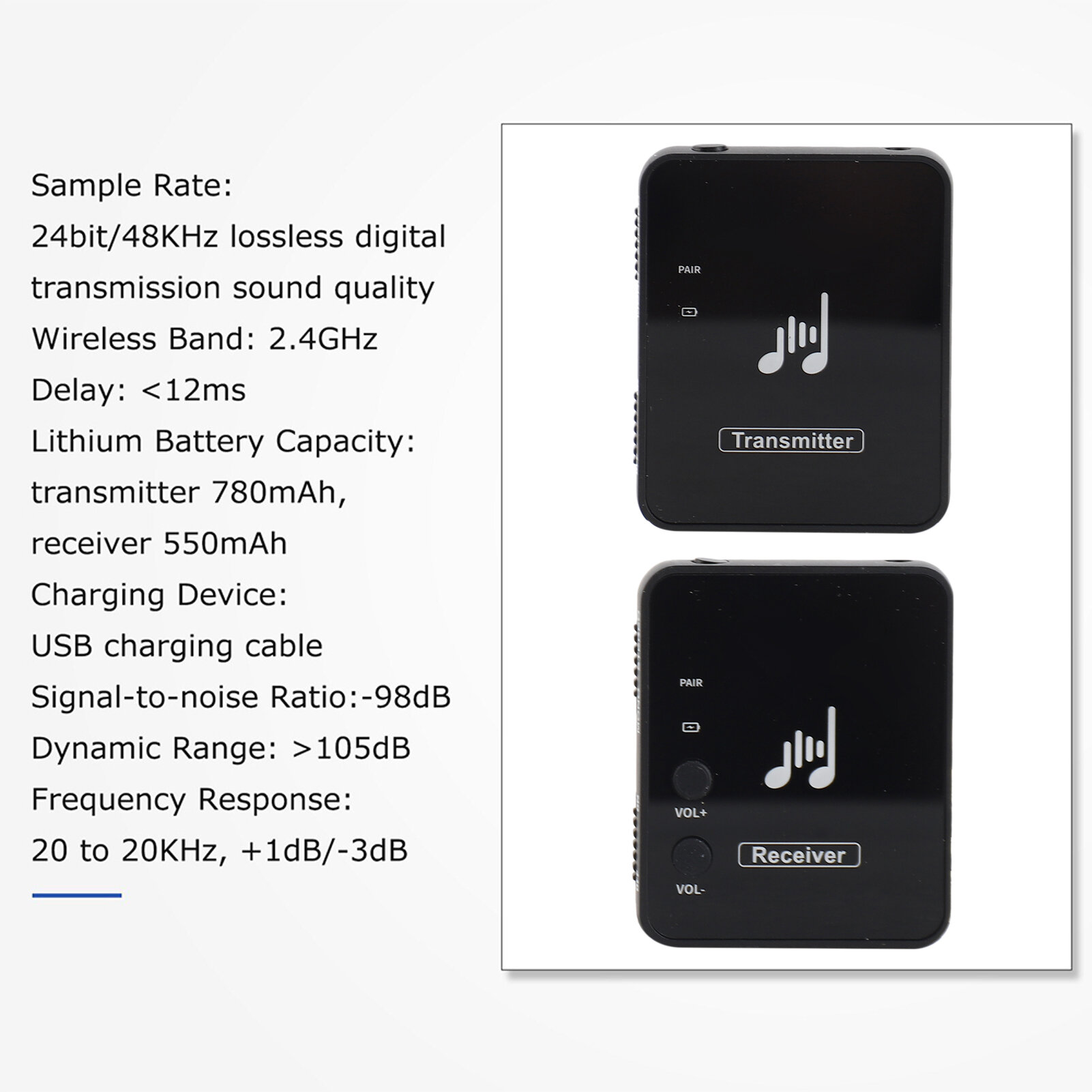 Система передачи беспроводных наушников 2.4GHz M-VAVE SWS10 с подзарядным передатчиком и приемником, 24 bit/48KHz, дальность 30 метров, материал ABS, батареи 780mAh и 550mAh, USB зарядка, вес 103г, набор: 1 передатчик, 1 приемник, 1 кабель зарядки, 2