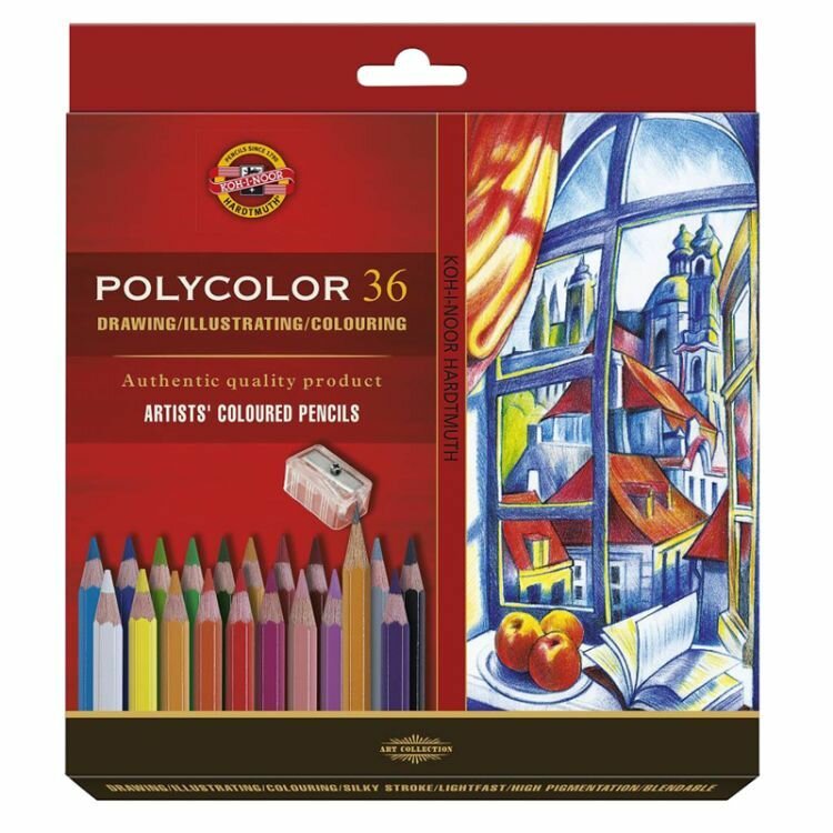 Карандаши цветные художественные Koh-I-Noor "Polycolor 3835", 36цв, заточен.+ точилка+2 ч/гр. кар. 1500, картон, европодвес
