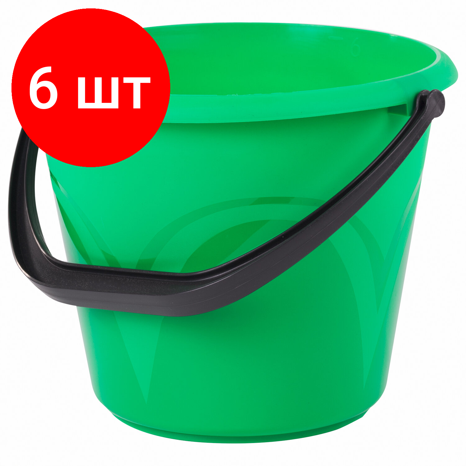 Комплект 6 шт, Ведро 6 л, без крышки, пластиковое, пищевое, с глянцевым узором, цвет зеленый, мерная шкала, LAIMA, 603891