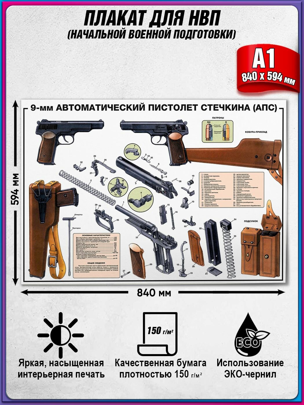 Информационный учебный плакат "9-мм Автоматический пистолет Стечкина (АПС)" / А1 (84x60 см.)
