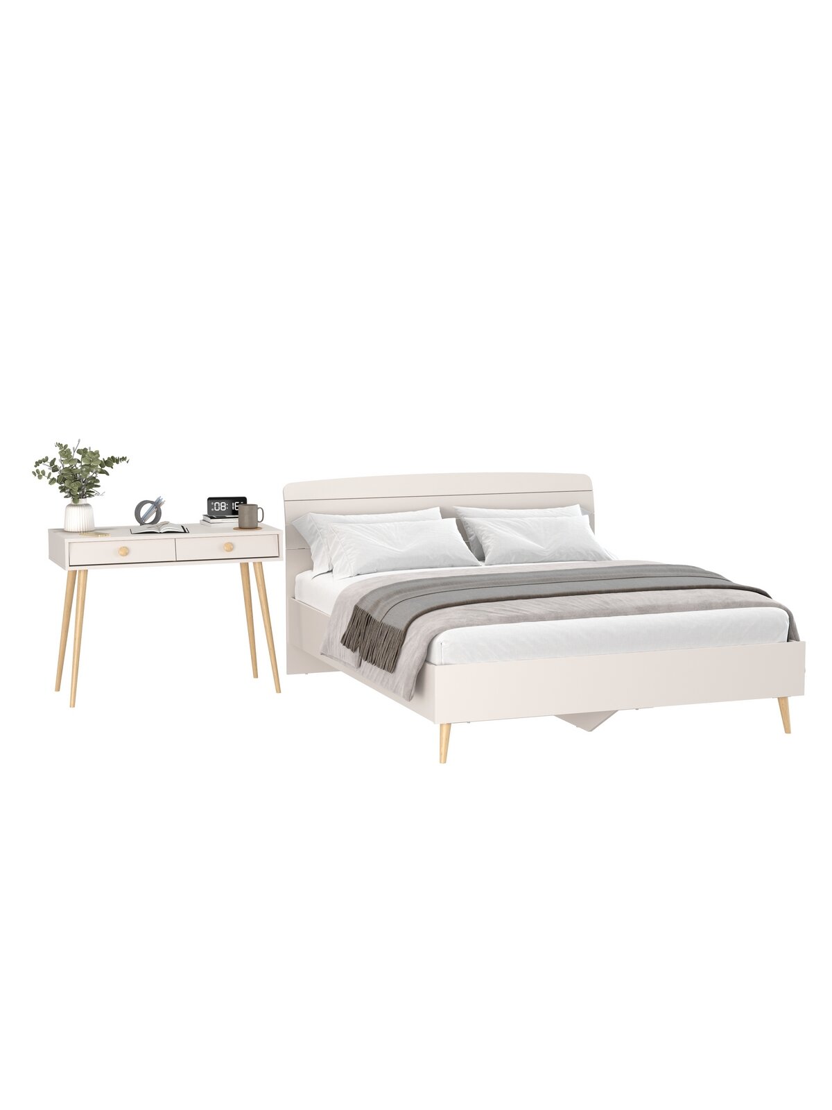 Стол на ножках с ящиками и кровать Афина 11600, кашемир серый, 2 предмета мебели