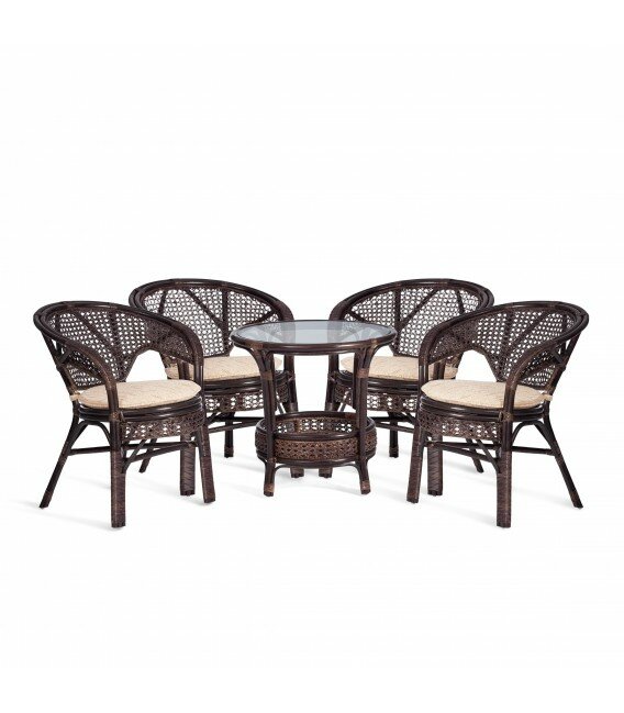 Комплект "PELANGI" 02/15 ( стол со стеклом + 4 кресла ) [с подушками] ротанг, кресло 65х65х77см, стол диаметр 64х61см, walnut