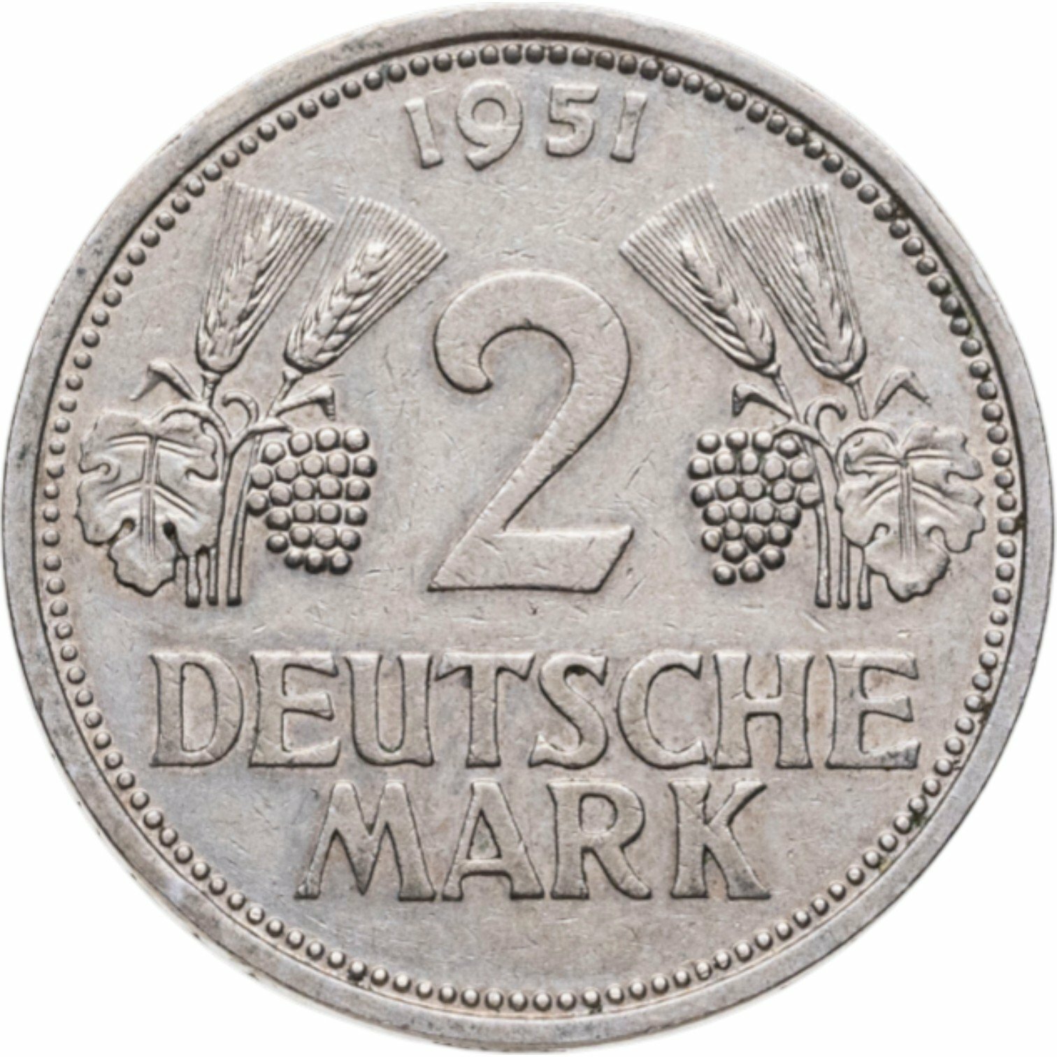 Германия 2 марки 1951, знак монетного двора: "D" - Мюнхен, Мельхиор медь-никель, в сохранности XF