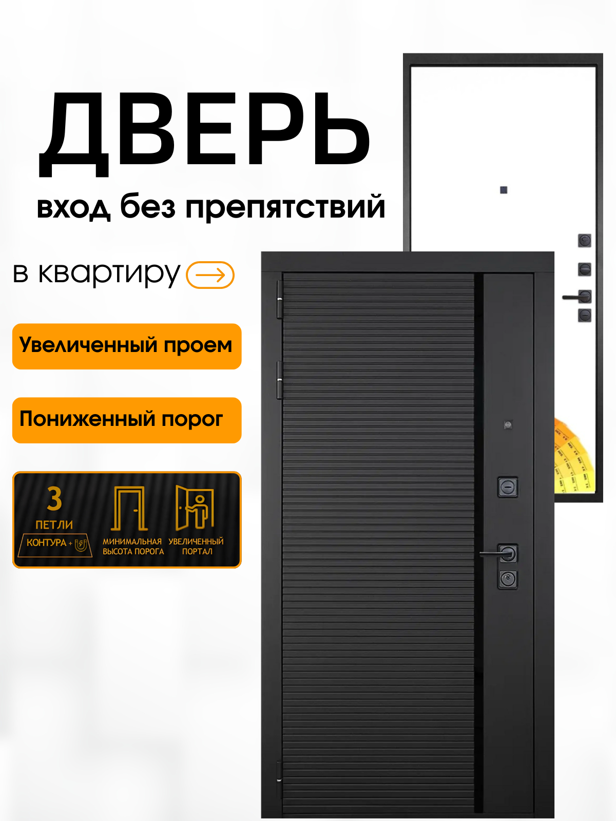 Входная дверь PIANO BLACK с внутренней панелью 049- Грунт под покраску, размер по коробке 960х2050, правая.