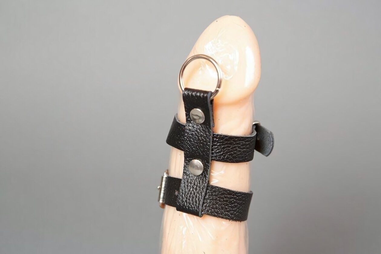 Сбруя регулируемая «подиум» для интимного гардероба, натуральная кожа, кнопки, черный с серебряным