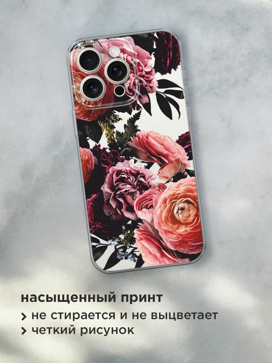 Чехол на Apple iPhone 15 Pro Max / Айфон 15 Про Макс с принтом "Бордовые винтажные цветы", прозрачный — фото 1