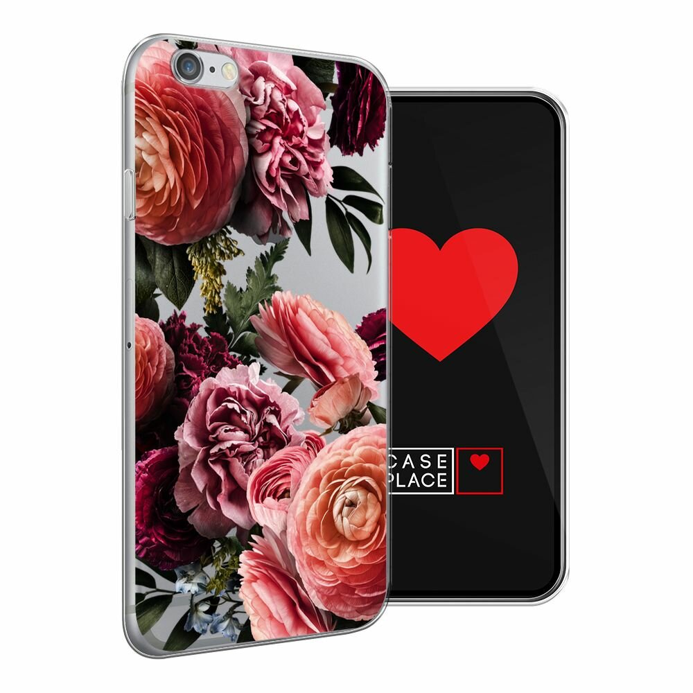 Чехол на Apple iPhone 6 / Айфон 6 с принтом "Бордовые винтажные цветы", прозрачный — фото 1
