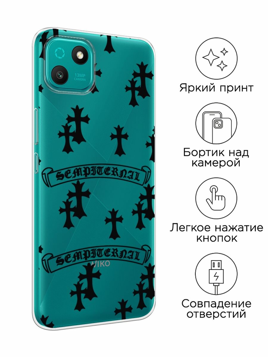 Чехол на Wiko T10 / Вико Т10 с принтом "Кресты паттерн чёрный", прозрачный — фото 1