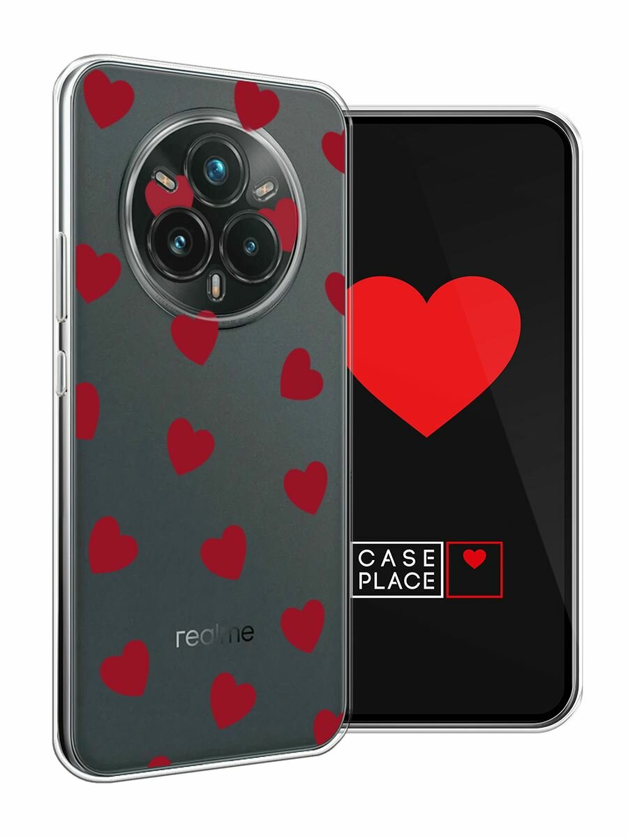 Чехол на Realme 14 Pro / Реалми 14 Про с принтом "Бордовые сердечки паттерн - 14 февраля", прозрачный — фото 1