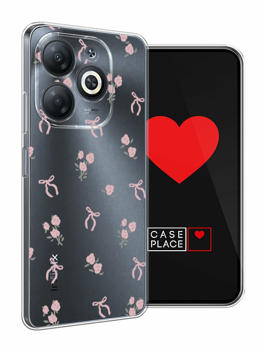 Чехол на Infinix Smart 8/8 HD/HOT 40i / Инфиникс Смарт 8/8 HD/HOT 40i с принтом "Розы и ленточки", прозрачный — фото 1