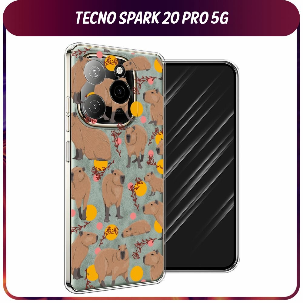Чехол на Tecno Spark 20 Pro 5G / Техно Спарк 20 Про 5G с принтом "Капибара паттерн", прозрачный