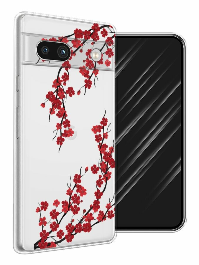 Чехол на Google Pixel 7a / Гугл Пиксель 7a с принтом "Красная сакура", прозрачный