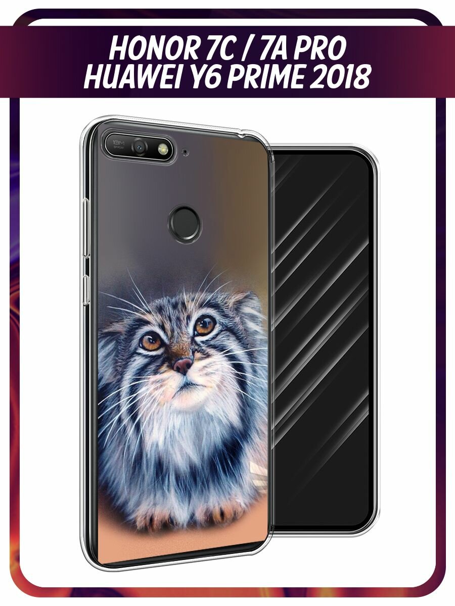 Чехол на Honor 7C/7A Pro/Huawei Y6 Prime 2018 / Хонор 7С/7А Про/Хуавей Y6 Prime 2018 с принтом "Кот манул 2"