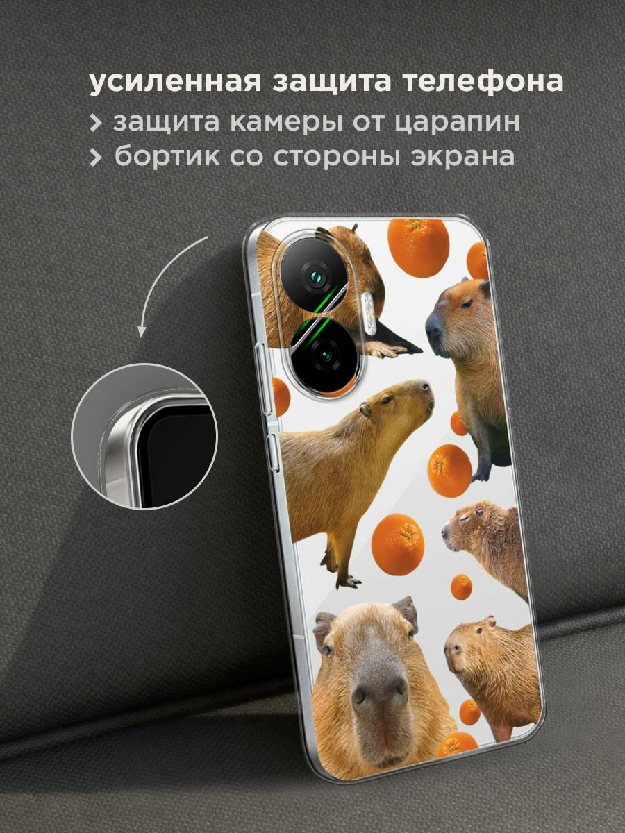 Чехол на Poco F7 / Поко F7 с принтом "Капибара и апельсины", прозрачный — фото 1